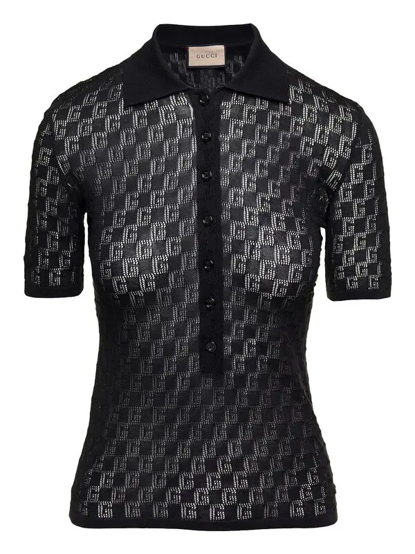 Gucci Black Cotton Silk Blend Gg Motif Polo Shirt - Multicolor