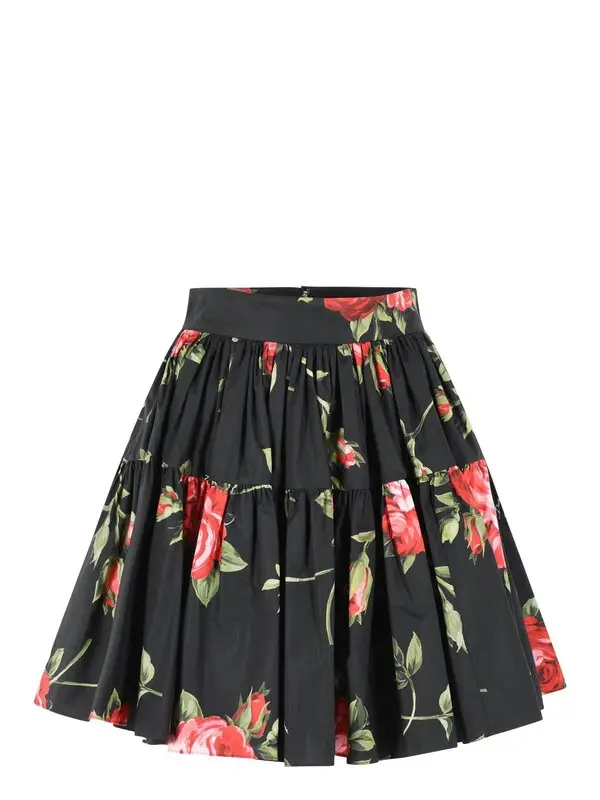 Dolce & Gabbana Bouquet Rose Print Tiered Skirt - Black