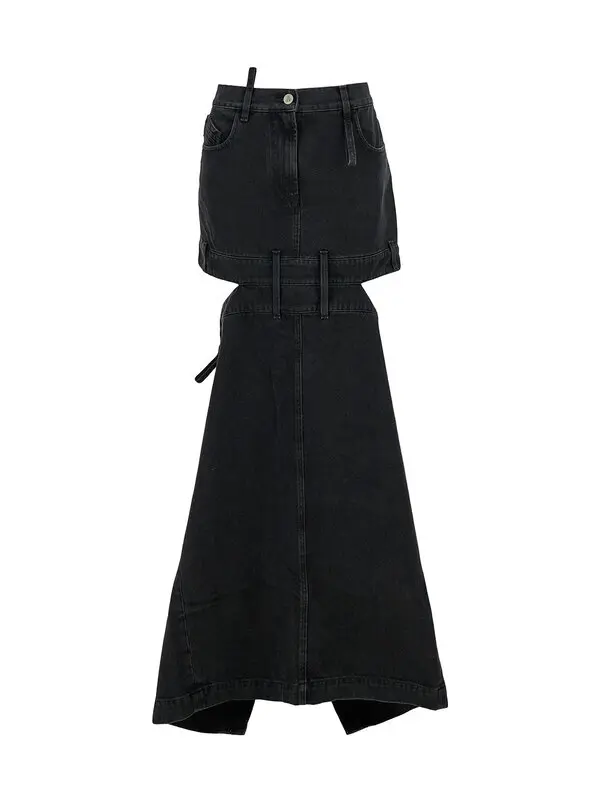 Attico Black Denim Midi Skirt With Maxi Cut-out - Multicolor