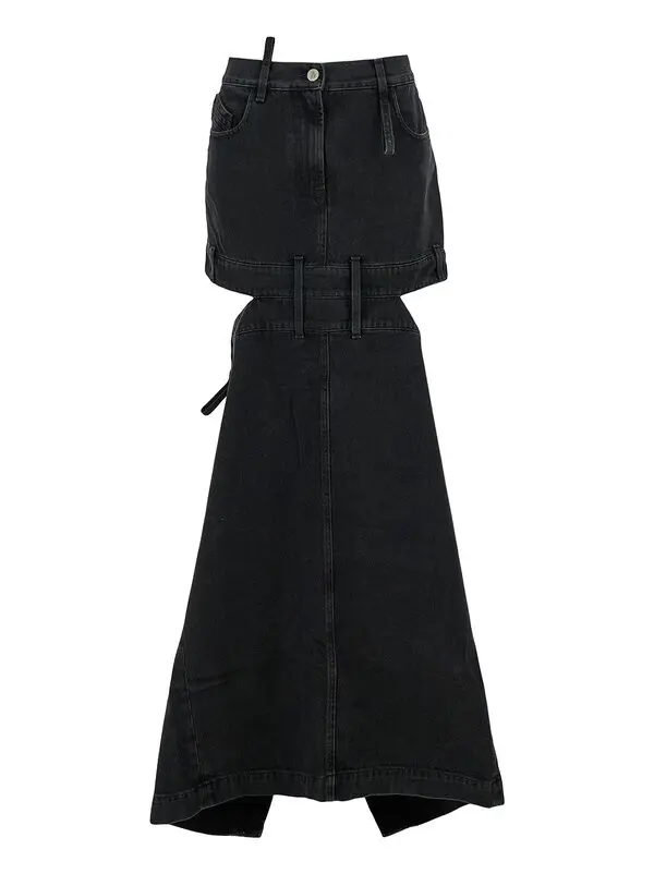 Attico Black Denim Midi Skirt With Maxi Cut-out - Multicolor