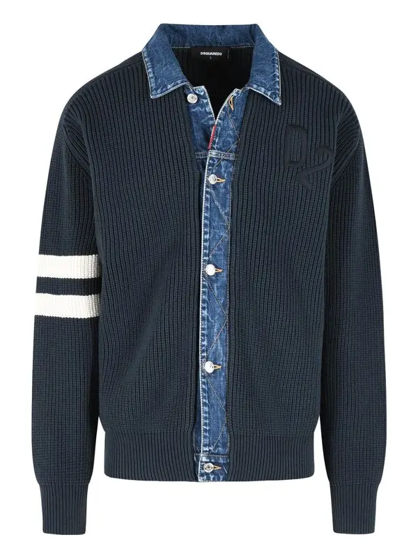 Dsquared2 Cotton Blend Knit Sweater With Denim Collar And Button Front - Blue