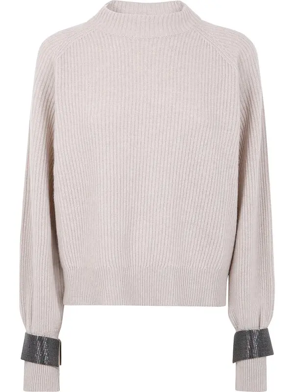 Brunello Cucinelli Cashmere Ribbed Sweater With Embellished Cuffs - Multicolor