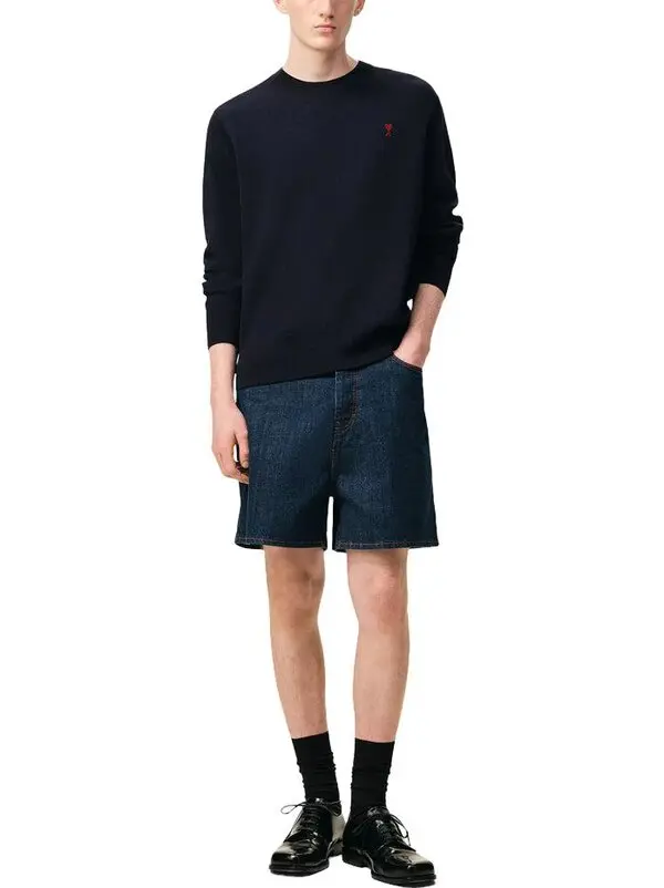 Ami Crew Neck Wool Jumper With Heart Embroidery - Blue
