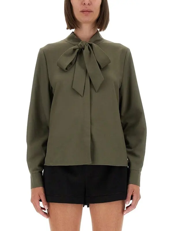 SELF-PORTRAIT Twill Shirt With Bow Detail - Green
