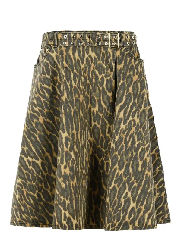 GANNI Leopard Print Cotton Denim Midi Skirt - Brown