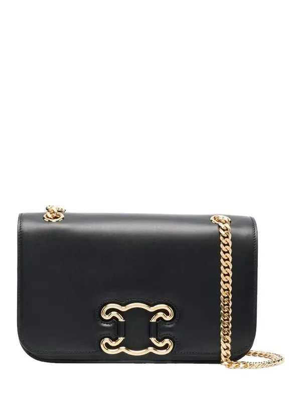 Celine Calf Leather & Lambskin Logo Plaque Foldover Shoulder Bag - Black