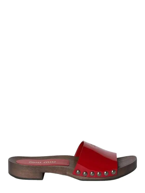 Miu Miu Patent Calf Leather Embossed Logo Block Heel Sandals - Red
