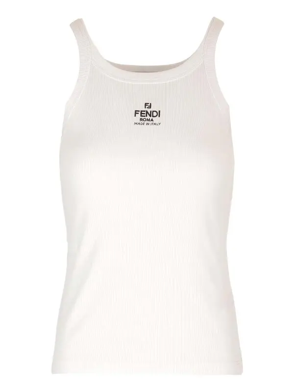 Fendi Ribbed Cotton Top With Embroidered Logo - White
