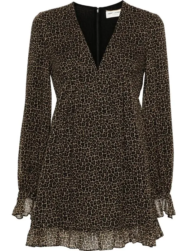 Saint Laurent Leopard Print V-neck Long Sleeve Dress - Brown