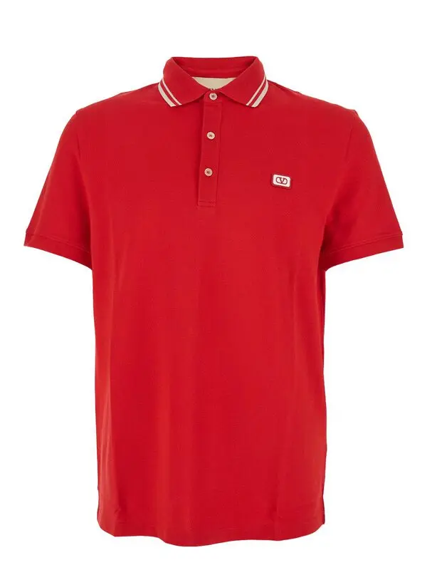 Valentino Garavani Polo Shirt With Classic Collar With Stirped Detail And Logo Patch On The Front In Cotton Piquet - Red