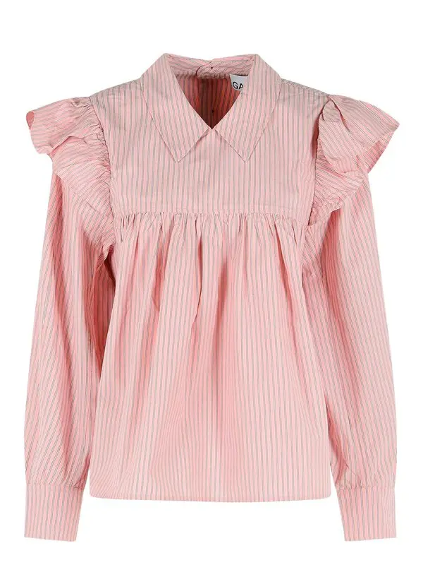 GANNI Cotton Striped Blouse With Pleats And Button Cuffs - Pink