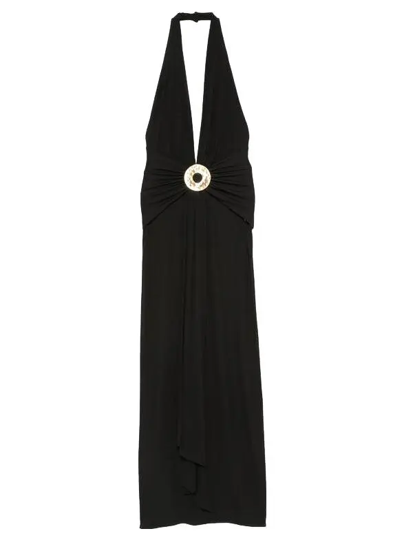 Cult Gaia Halterneck Plunging V-neck Dress With Gold-tone Hardware - Black