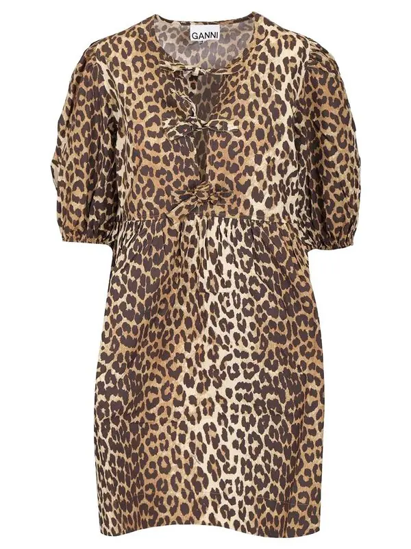 GANNI Leopard Print Puff Sleeve Mini Dress - Multicolor