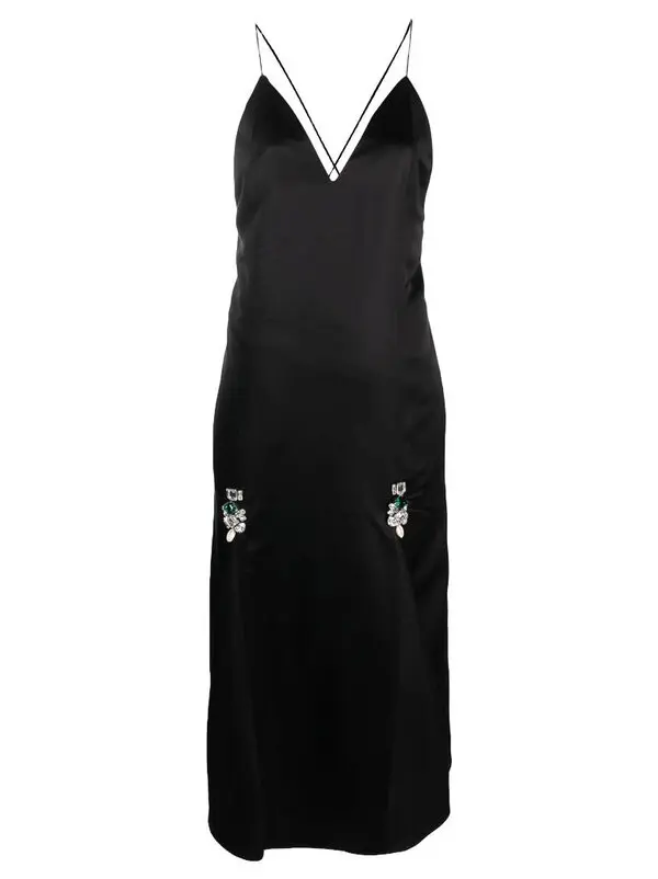 WALES BONNER Satin Crystal Embellished V-neck Day Dress - Black