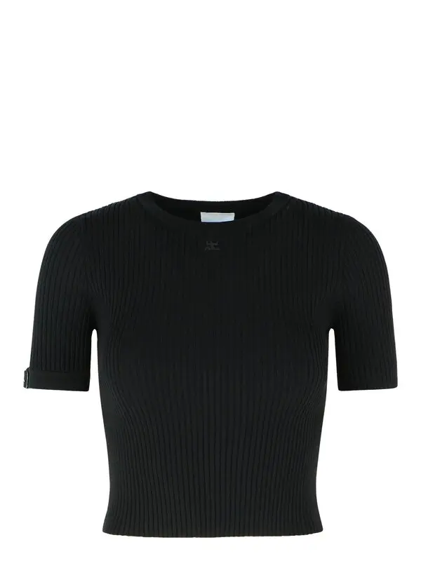 COURREGES Ribbed Crewneck Short Sleeve T-shirt With Decorative Cuff Buckle - Black