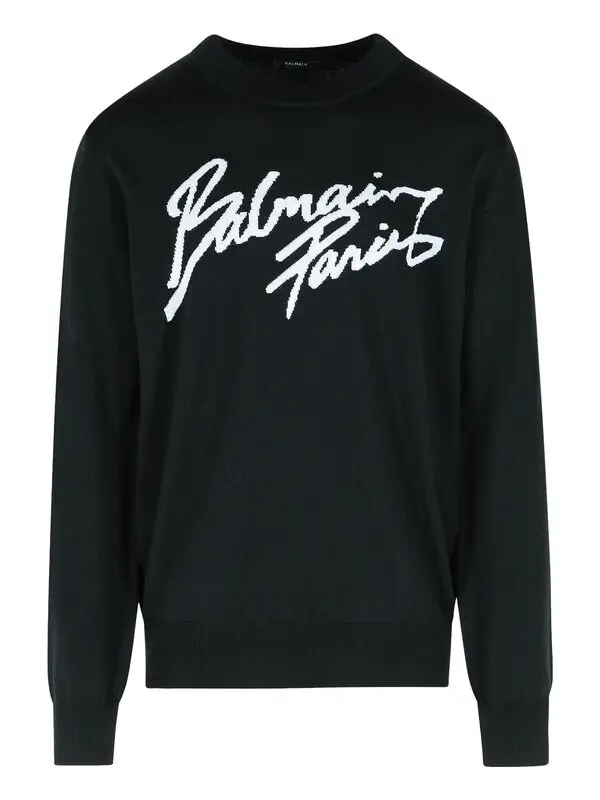 Balmain Merino Wool Sweater With Contrast Logo - Black