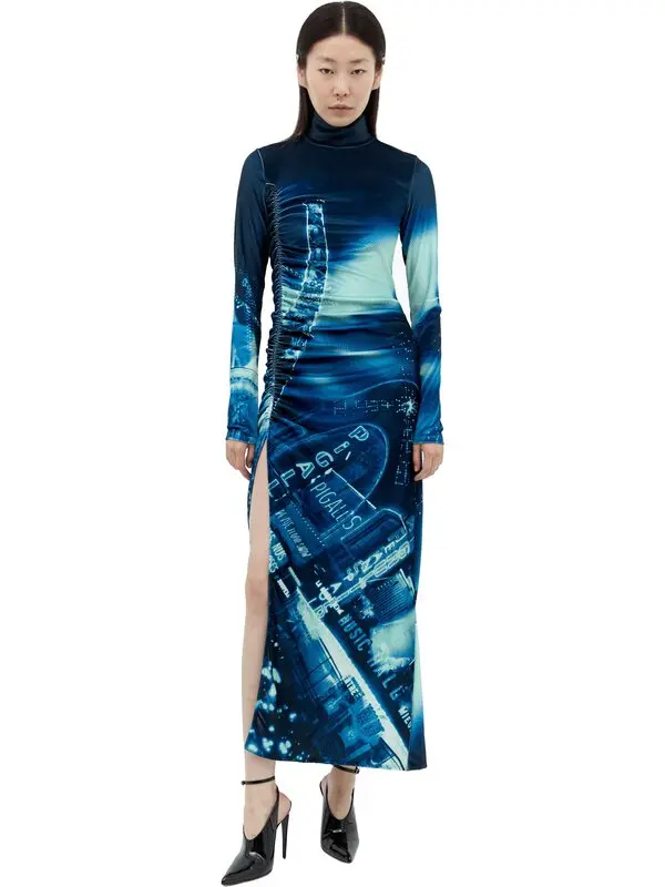 JEAN PAUL GAULTIER Pigalle Gathered Velvet Dress With Graphic Motif And Side Split - Blue