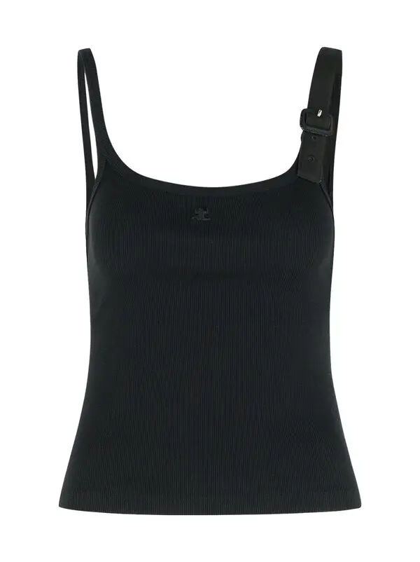 COURREGES Ribbed Cotton Tank Top With Buckle Detail - Black
