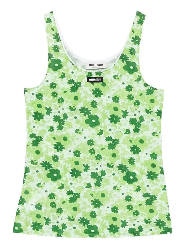 Miu Miu Sleeveless Floral Print Scoop Neck Top - Green