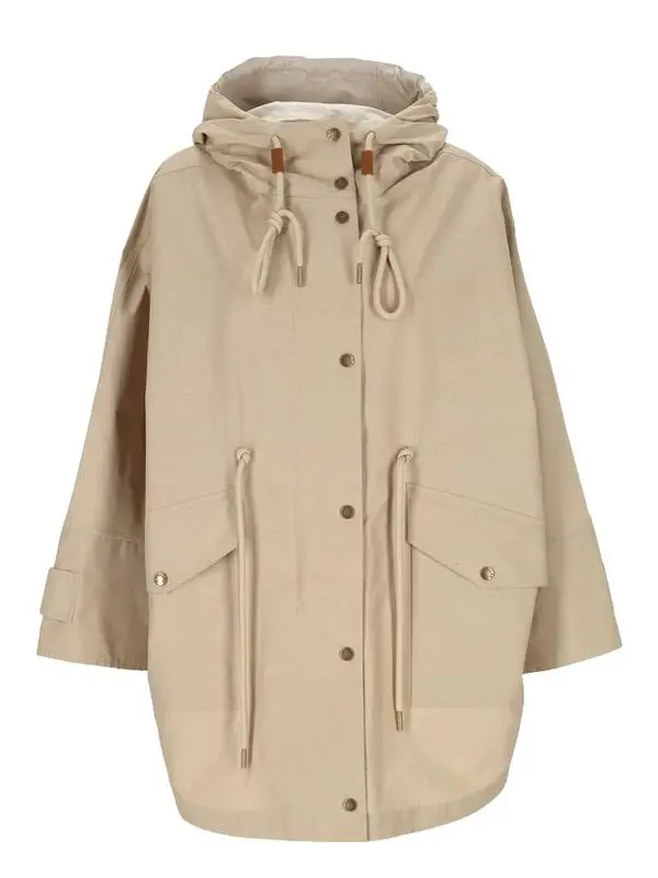 Moncler Single Breasted Hooded Coat With Drawstring Detailing - Cream