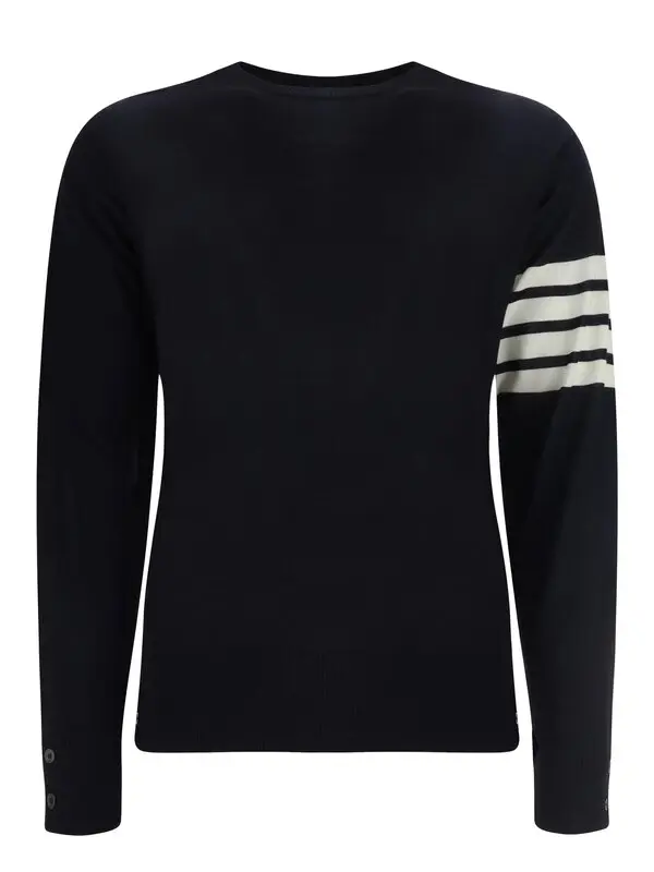Thom Browne Virgin Wool Crew Neck Sweater With Contrast Stripes - Blue