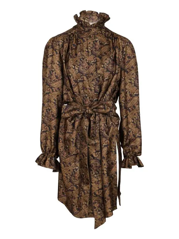 Saint Laurent Paisley Pattern Silk Twill Dress - Brown