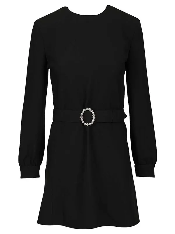 Saint Laurent Long-sleeved Mini Dress With Crystal Buckle - Black