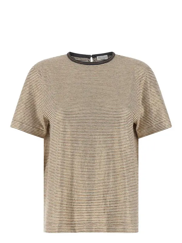 Brunello Cucinelli Striped Stretch Linen T-shirt With Monile Collar Detail - Multicolor