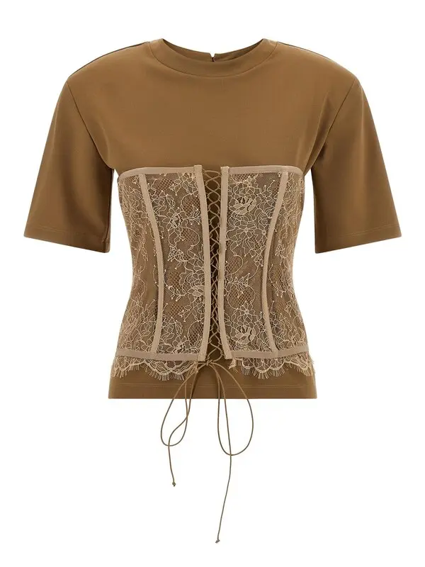 Giuseppe Di Morabito Viscose Blend T-shirt With Lace Bustier Detail - Brown
