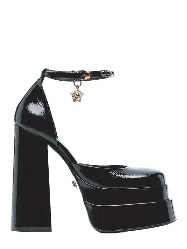 Versace Patent Leather Platform Sandals With Medusa Head Detail - Black