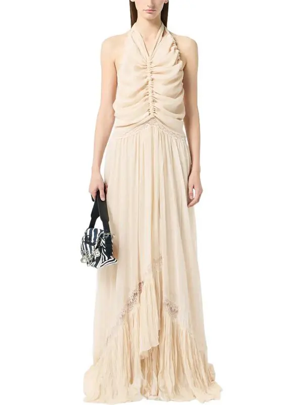 Blumarine Halterneck Lace Trim Tiered Hem Evening Dress - Cream