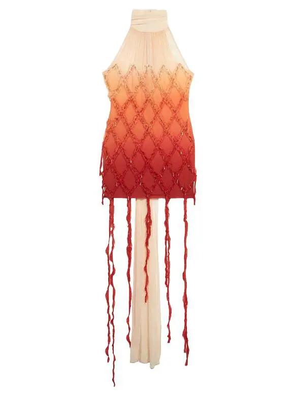 Blumarine Halterneck Dress With Rhombus Pattern Embellishments And Fringe Detailing - Cream