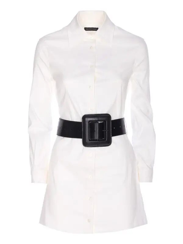 Balenciaga Cotton Blend Shirt Dress With Belt - White