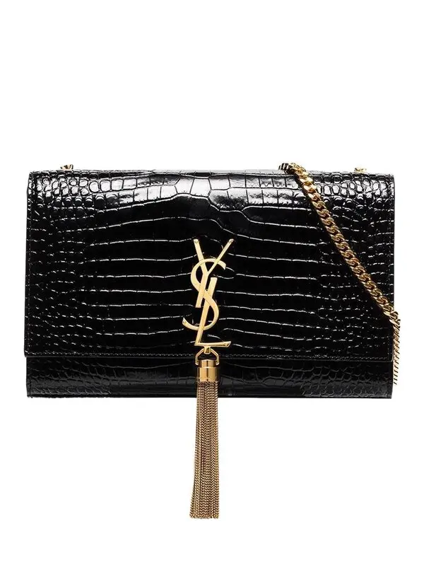 Saint Laurent Kate Medium Tassel Crocodile Embossed Leather Bag - Black