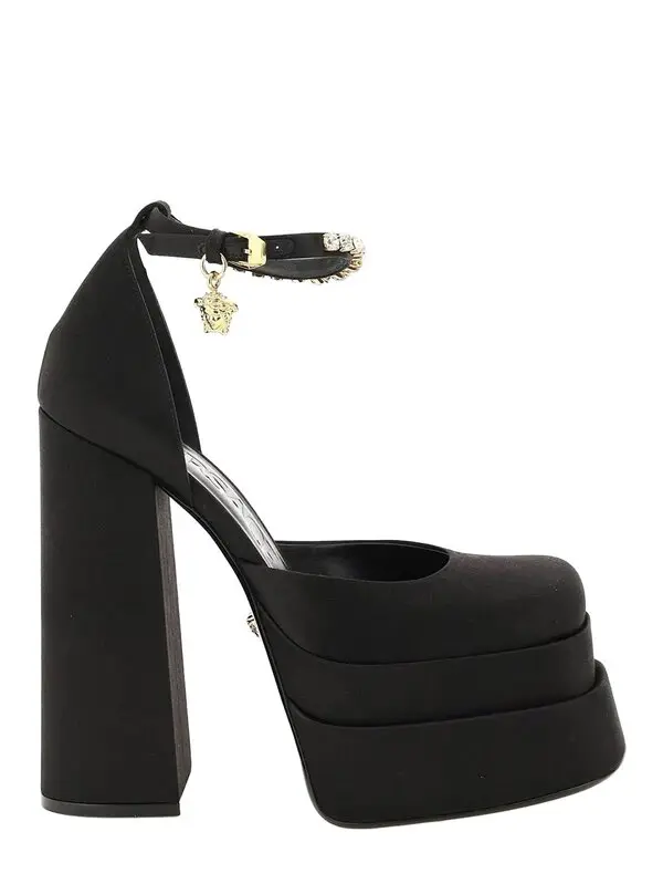 Versace Satin Platform Pumps With Medusa Charm - Black