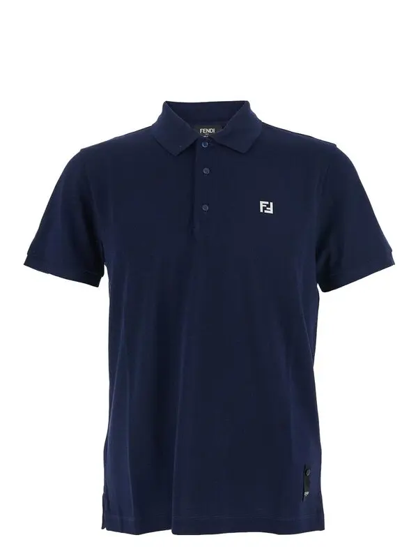 Fendi Blue Polo Shirt With Metallic Ff Logo On The Front In Cotton Pique - Multicolor