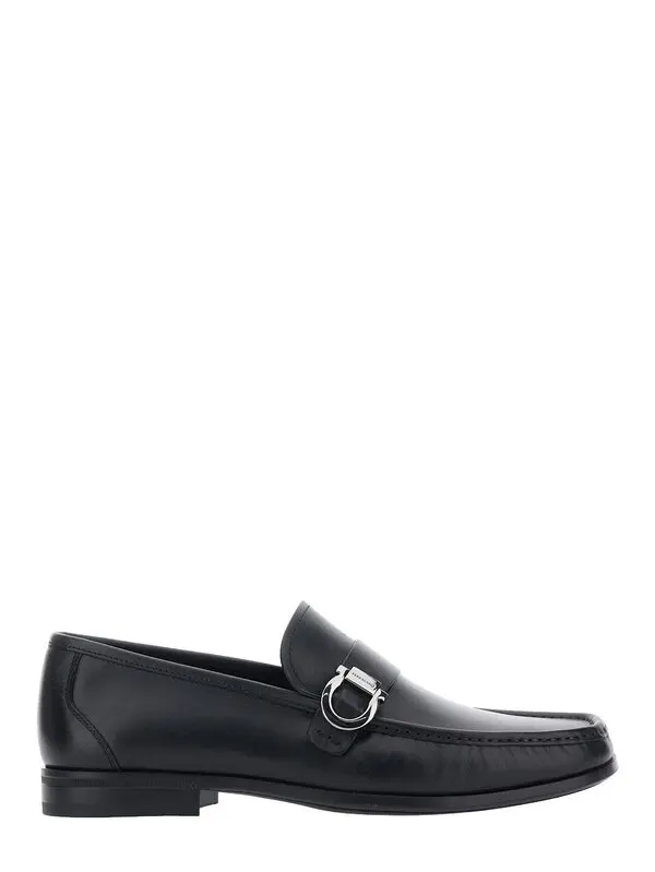 FERRAGAMO Caspian Leather Loafers With Gancini Plaque - Black