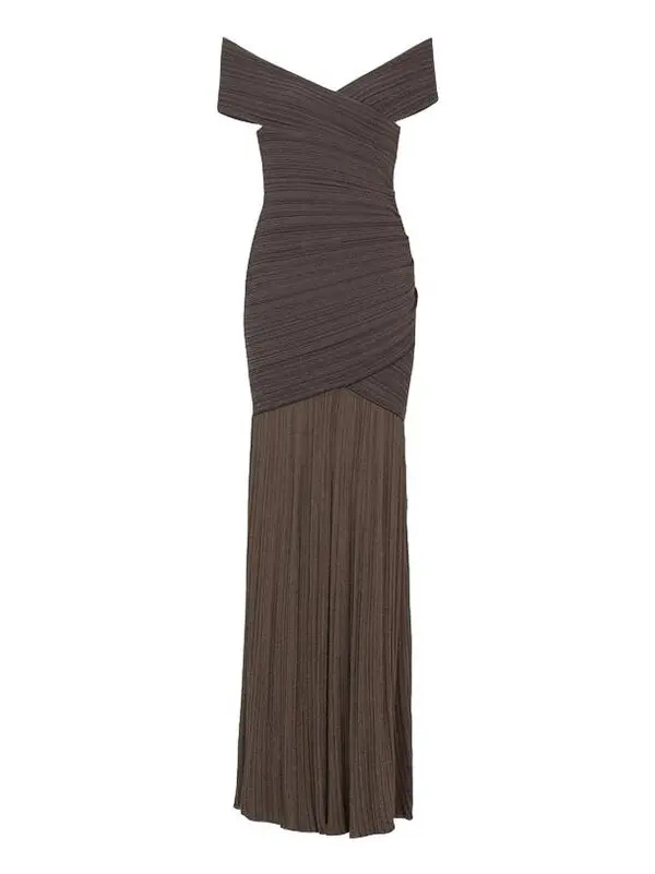 Balmain Off-the-shoulder Dress With Pleated Skirt - Brown