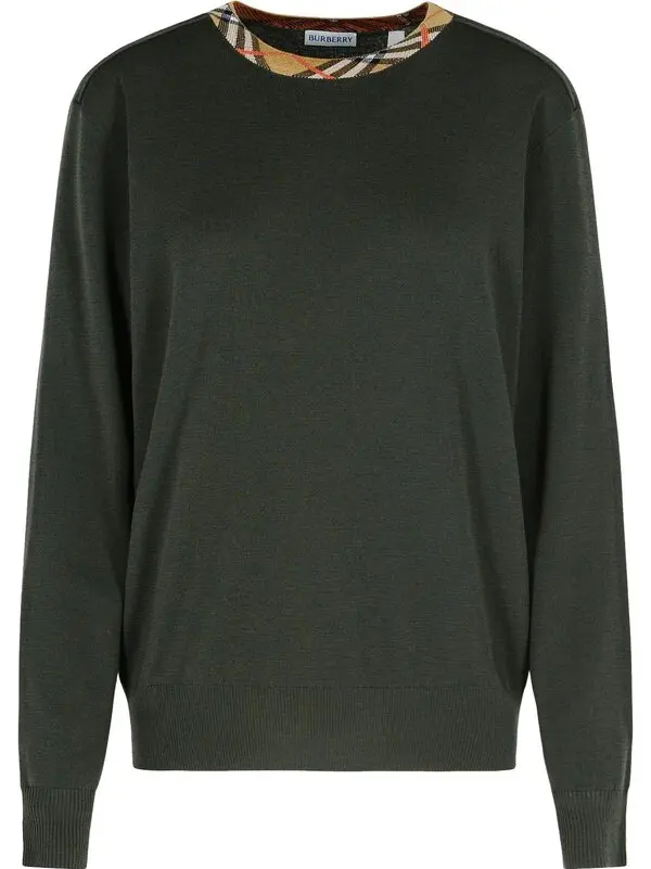 Burberry Crew Neck Check Pattern Wool Sweater - Green