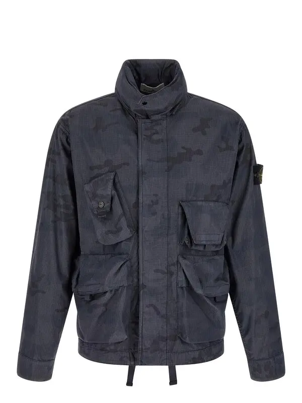 Stone Island Camouflage Utility Jacket With Removable Hood - Blue