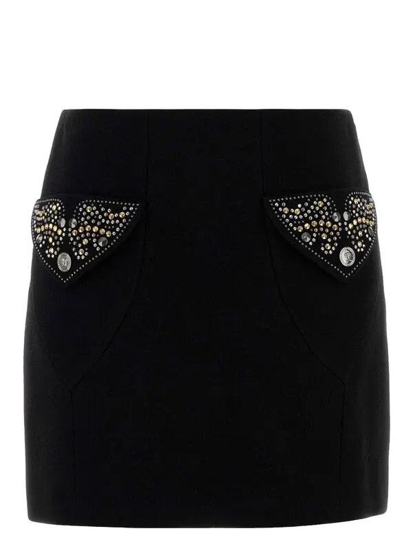Versace Virgin Wool Mini Skirt With Studded Flap Pockets - Black