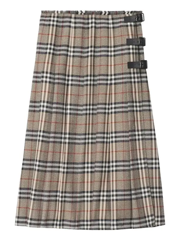 Burberry Checked Wool Midi Skirt With Side Buckle Closure - Multicolor