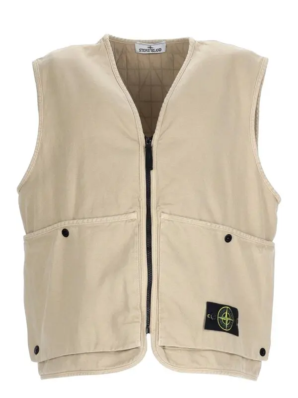 Stone Island Oversized Gilet With Logo Patch - Cream