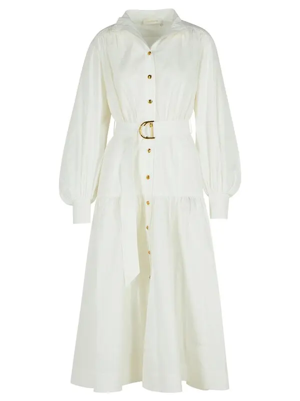 Zimmermann White Cotton Dress With Belted Waist - Cream