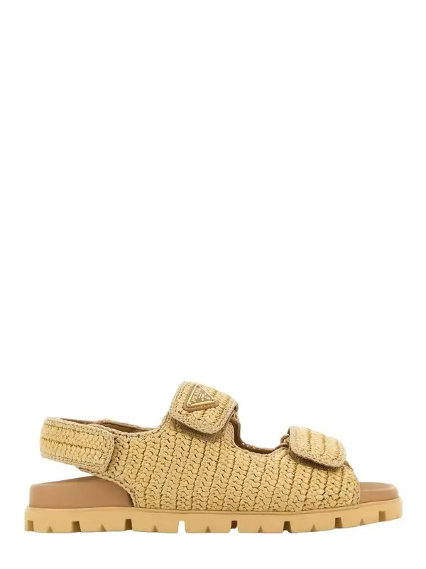 Prada Heeled Raffia Sandal With Velcro Fastening - Cream