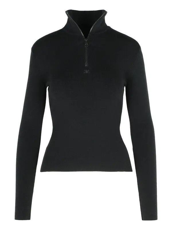COURREGES Merino Wool High Neck Zip-up Sweater - Black