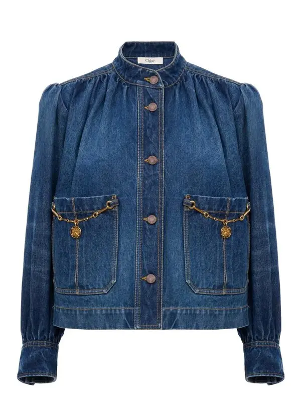 Chloé High Neck Gathered Denim Jacket - Blue