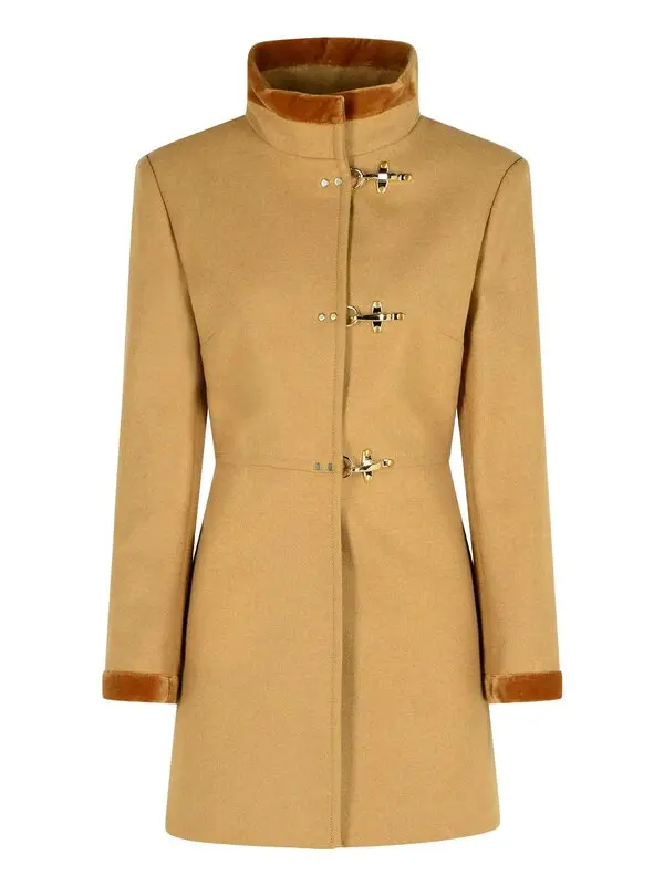 FAY Beige Wool Blend Coat With High Neck And Hook Closure - Cream
