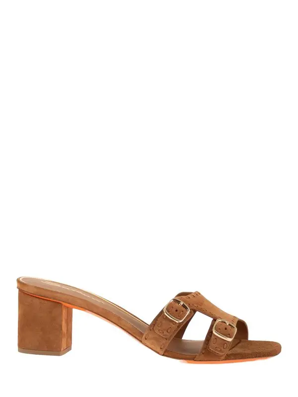 Santoni Suede Double Buckle Block Heel Mule Sandals - Brown