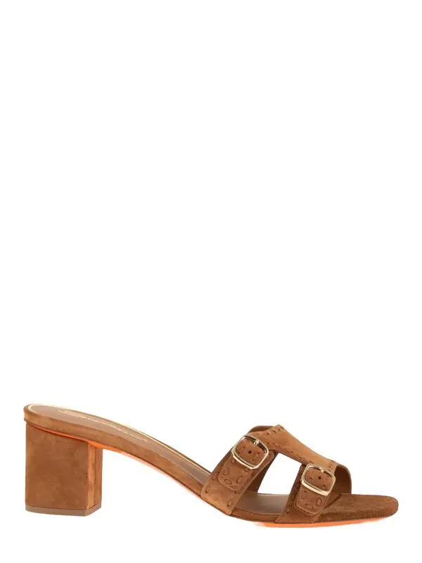 Santoni Suede Double Buckle Block Heel Mule Sandals - Brown